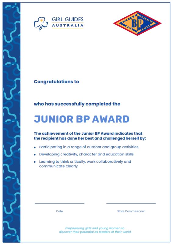 Certificate - Junior BP – Girl Guides Western Australia Inc.